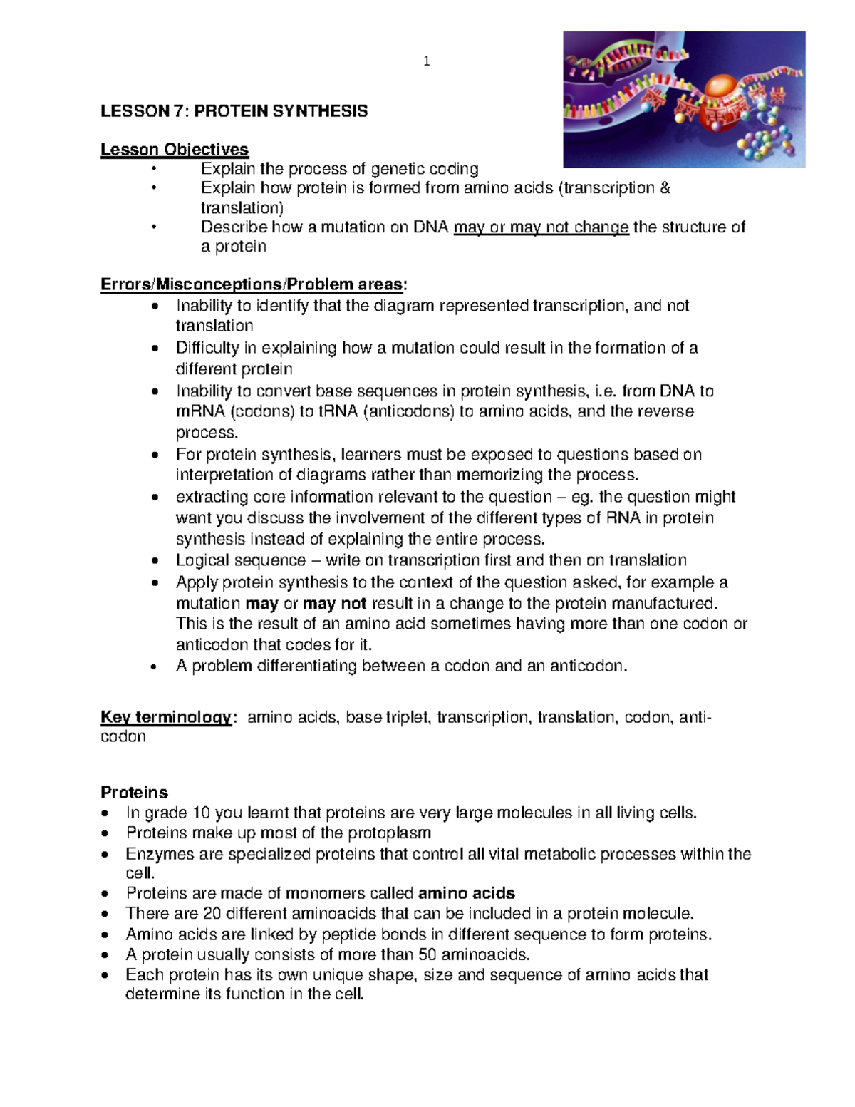Lesson 7 Protein synthesis Learner copy - LESSON 7: PROTEIN SYNTHESIS ...