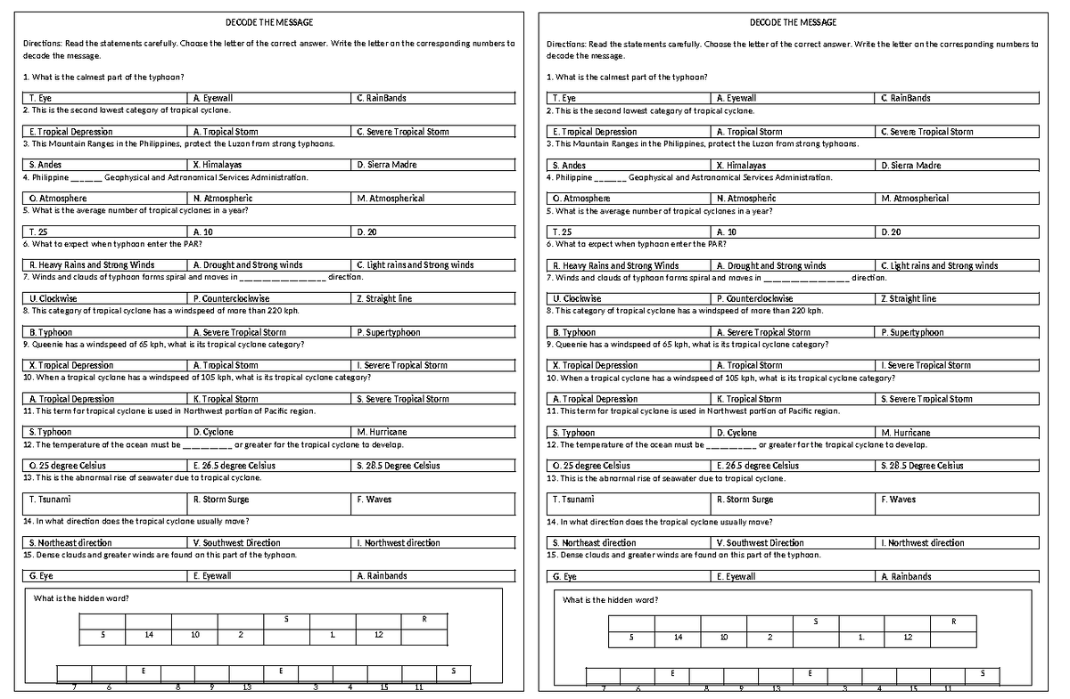 Science 8 Q2 Decode the message Activity - DECODE THE MESSAGE Directions: Read the statements ...