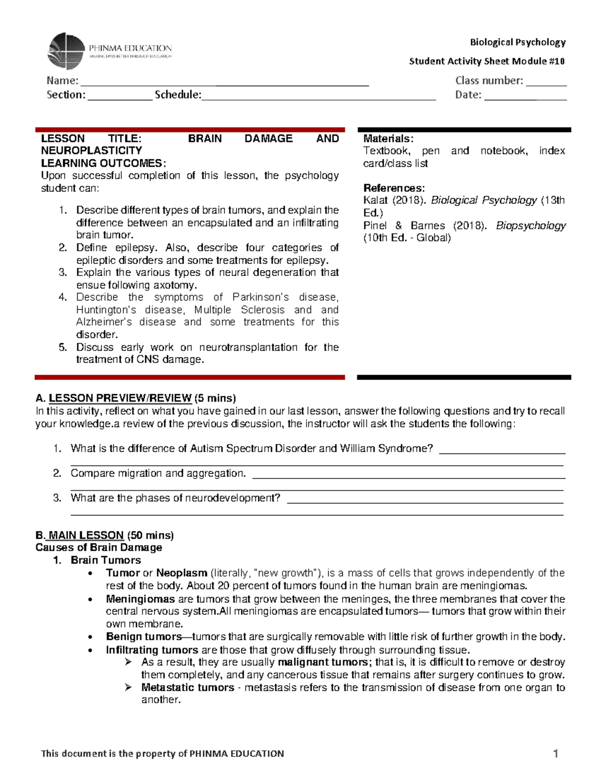 SAS Module 10 Brain Damage AND Neuroplasticity - Student Activity Sheet Module # Name: - Studocu