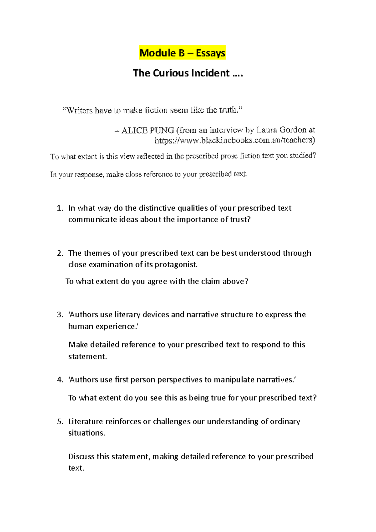 Module B - Essays - gabbabh - Module B – Essays The Curious Incident ...