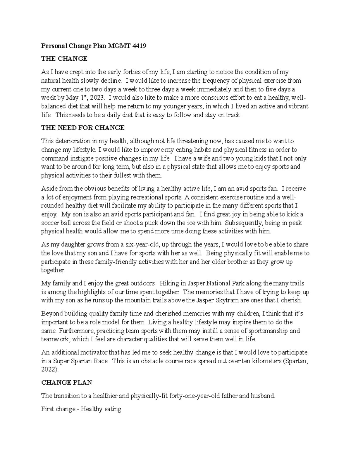 Example Example Personal Change Plan MGMT 4419 - Personal Change Plan ...