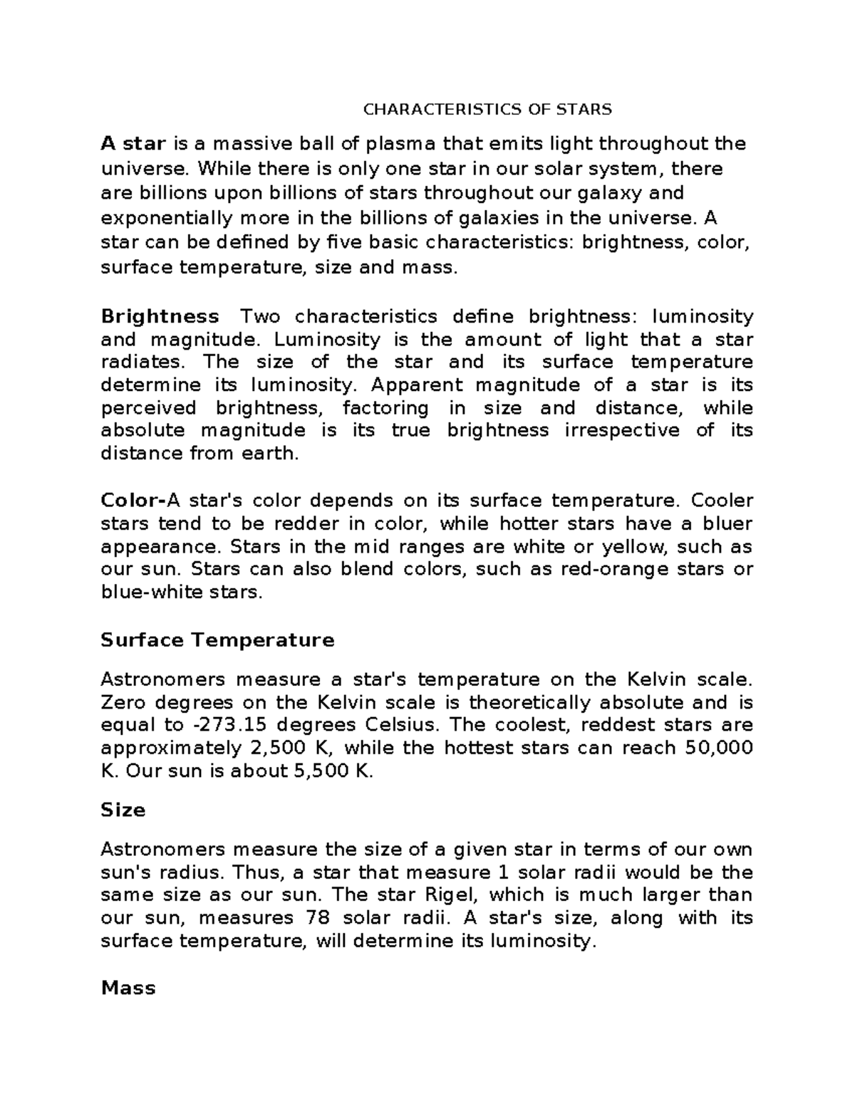 Characteristics OF Stars - CHARACTERISTICS OF STARS A star is a massive ...