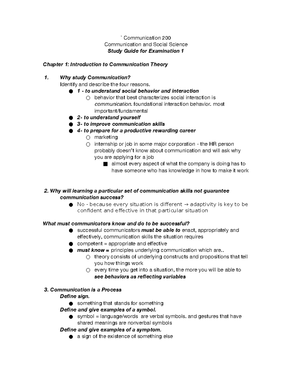 Study Guide Exam 1 Fall 2017 - ` Communication 200 Communication and ...