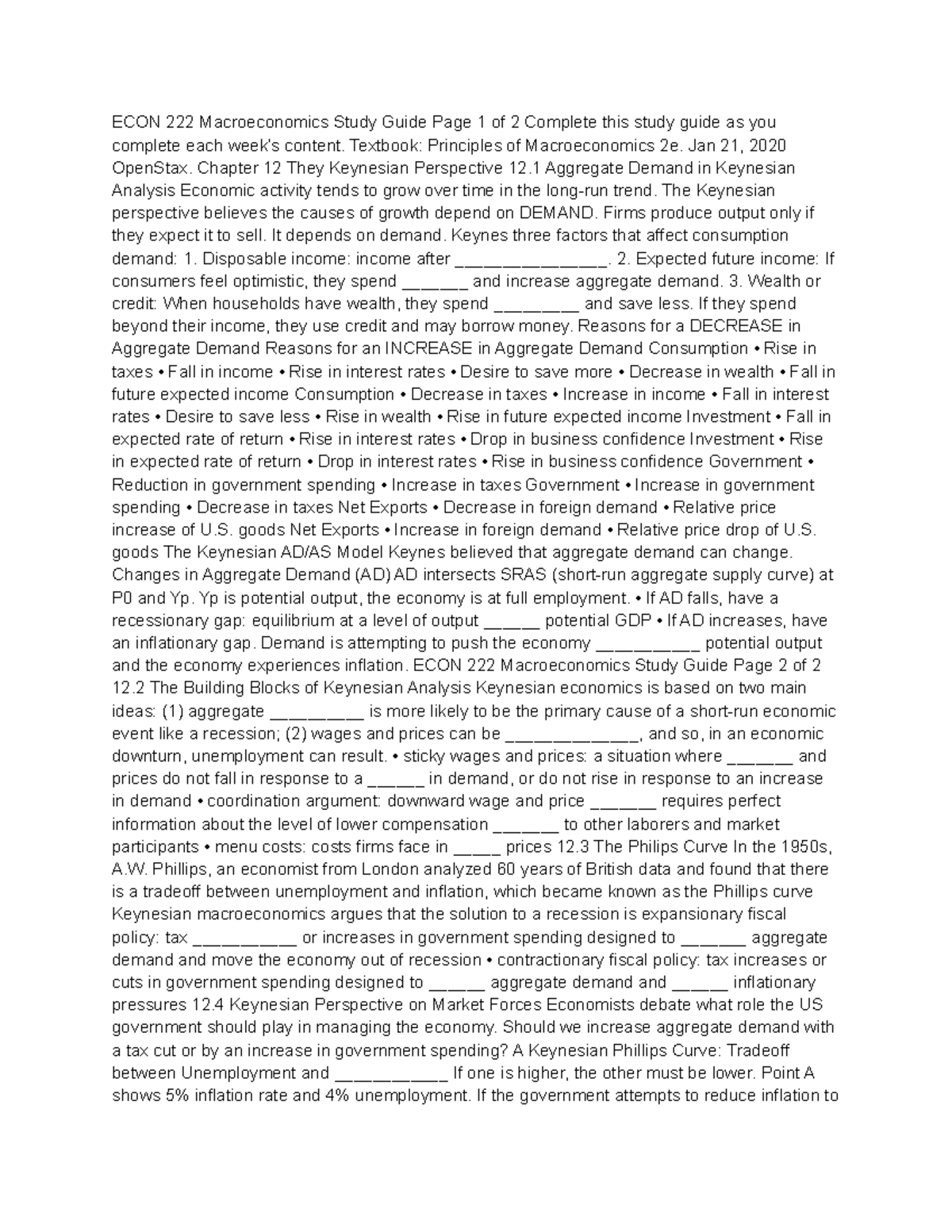 ECON study guide week 11 - ECON 222 Macroeconomics Study Guide Page 1 ...