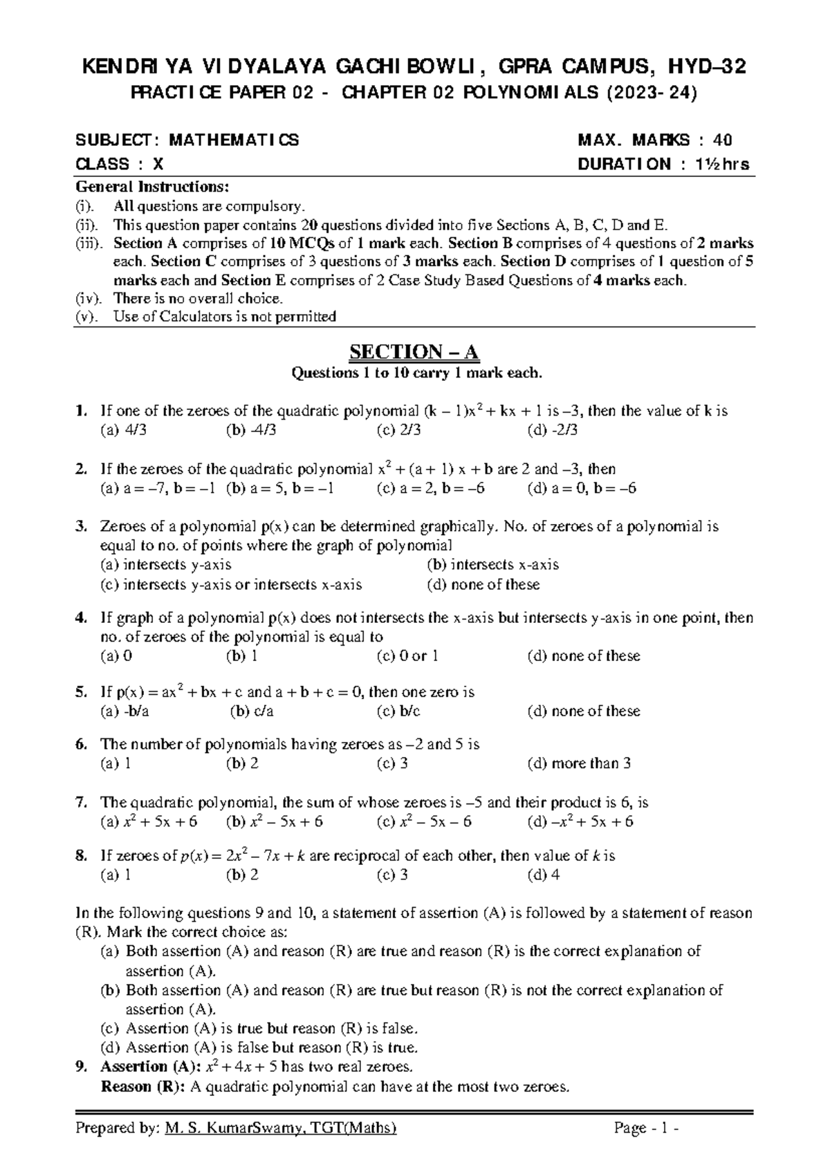 Maths class x chapter 02 polynomials practice paper 02 1 - Prepared by ...