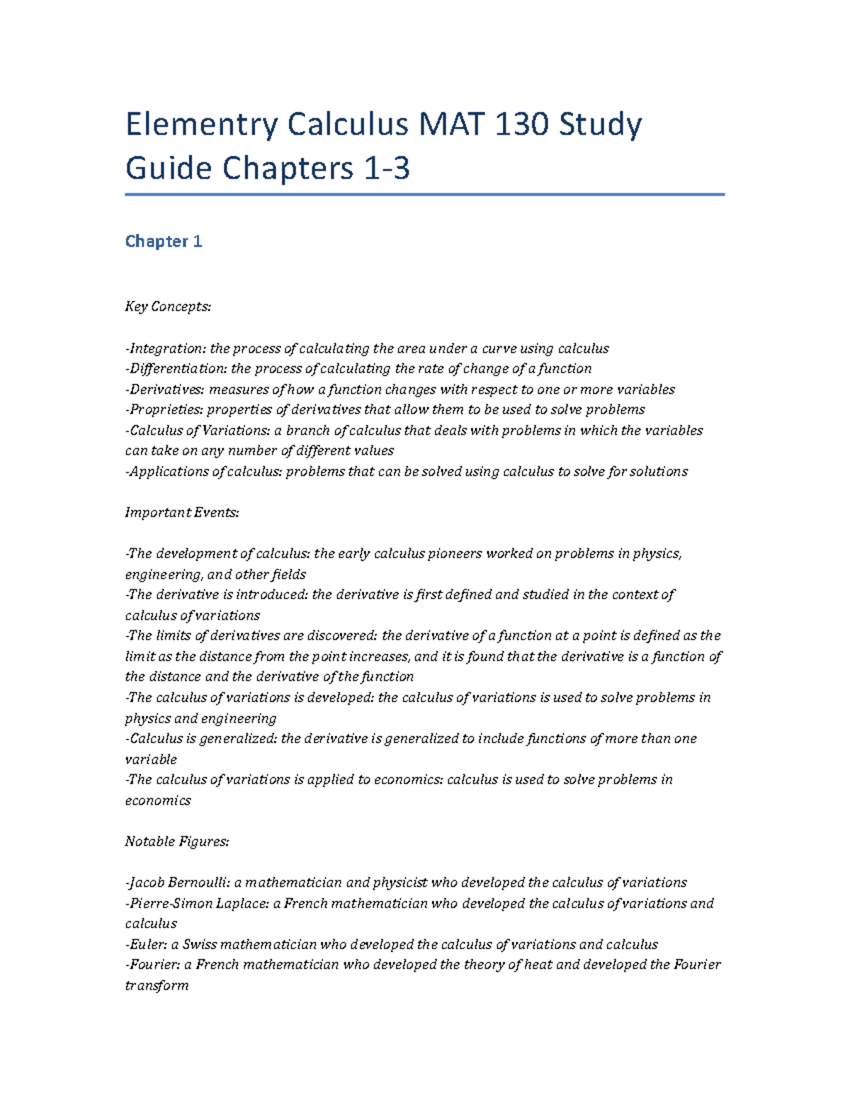 Elementry Calculus MAT 130 Study Guide Chapters 1-3 - Elementry ...
