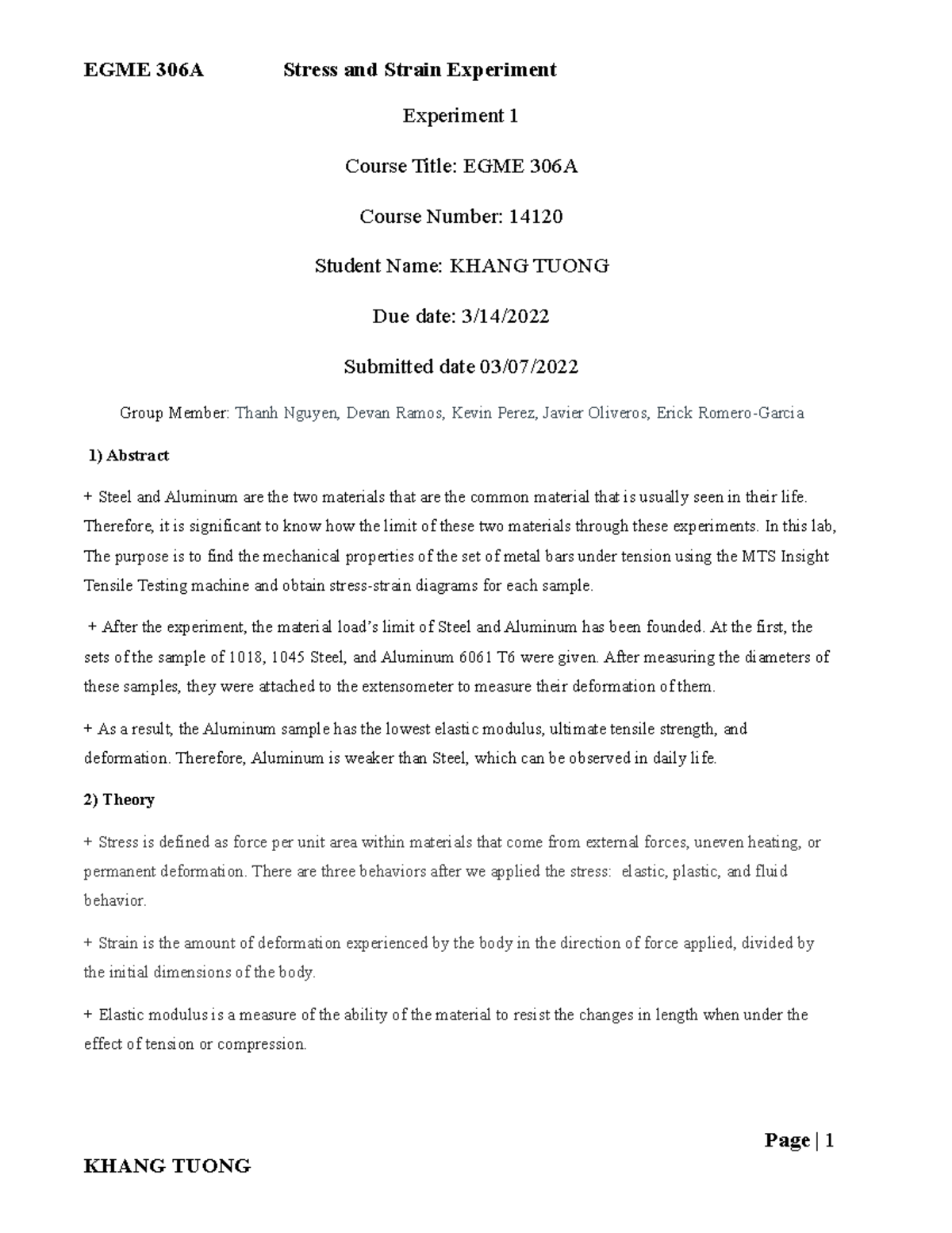 EGME 306A -LAB1 - Lab Report - Experiment 1 Course Title: EGME 306A ...