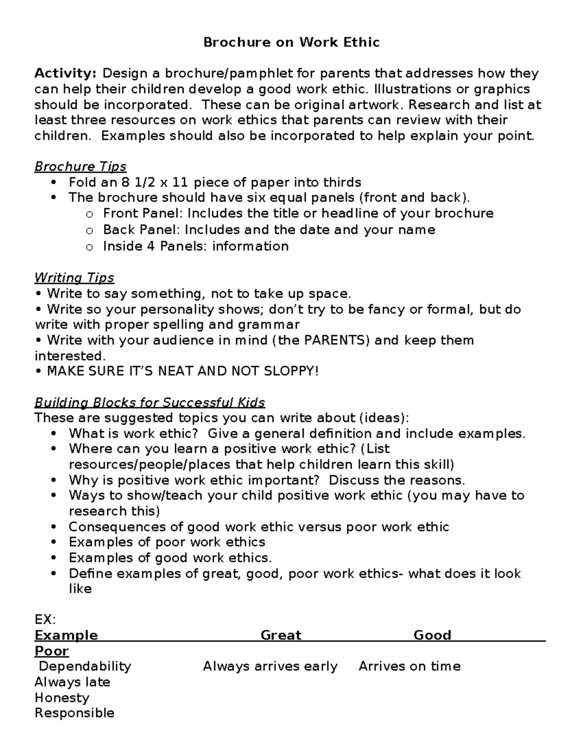 Positive Work Ethic Pamphlet Brochure Activity-1 - Brochure on Work ...