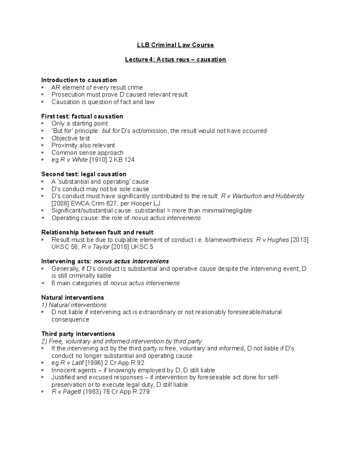 Criminal Law Actus Reus Causation Llb Criminal Law Course Lecture 4 Actus Reus Causation