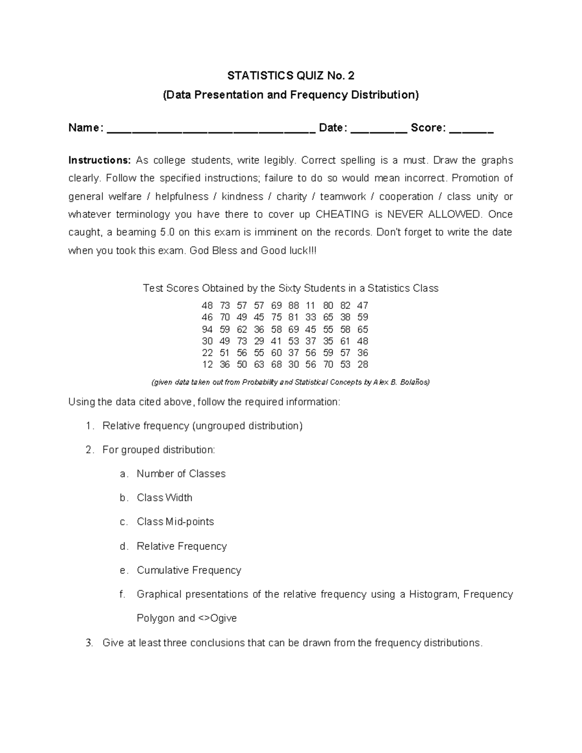 Stat Assignment-Quiz 02 - STATISTICS QUIZ No. 2 (Data Presentation and ...
