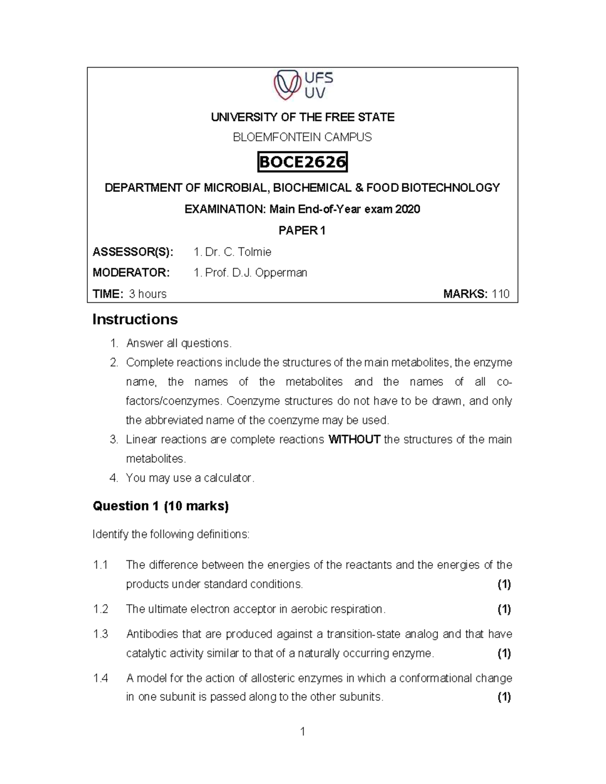 exam past paper - UNIVERSITY OF THE FREE STATE BLOEMFONTEIN CAMPUS BOCE ...