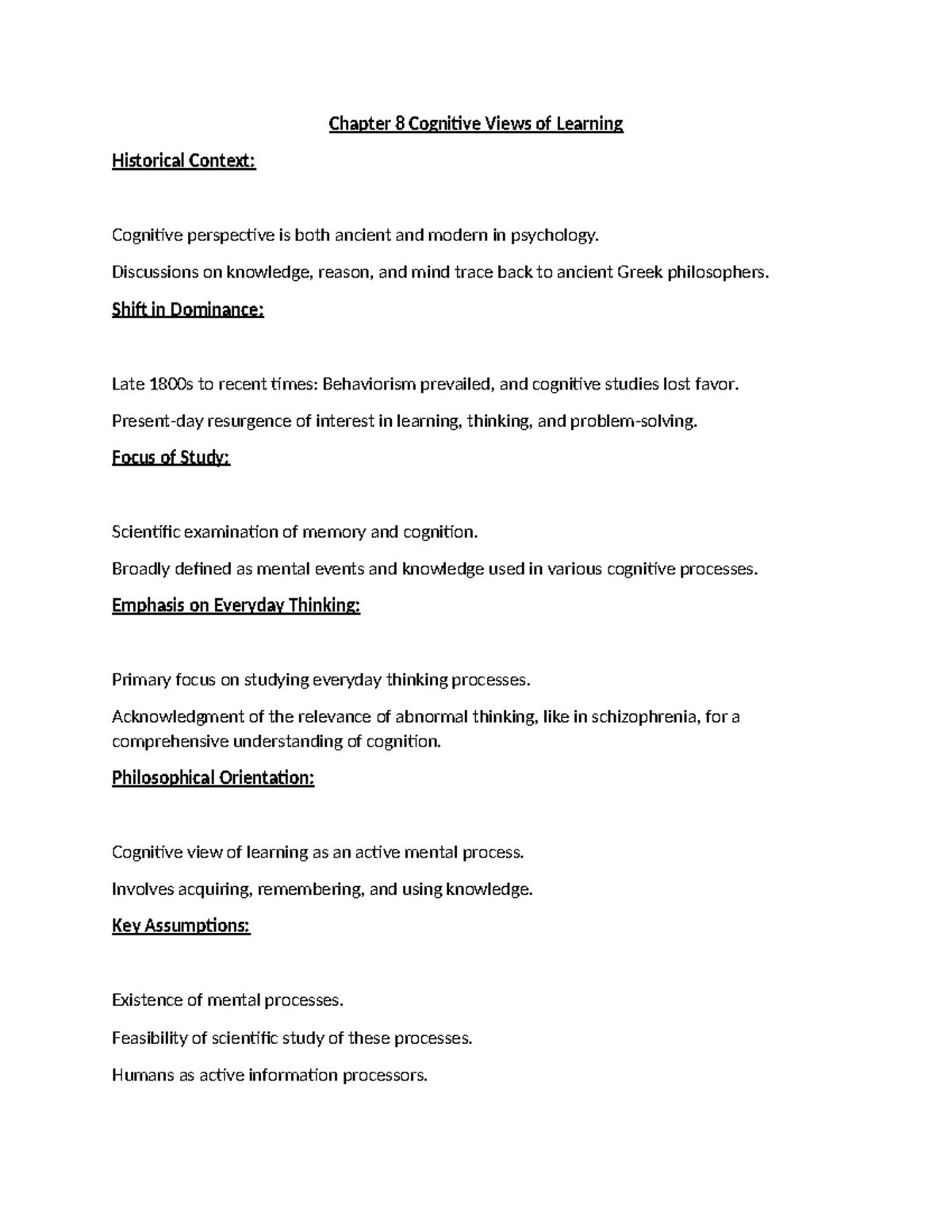 Module 8 notes - Chapter 8 Cognitive Views of Learning Historical ...