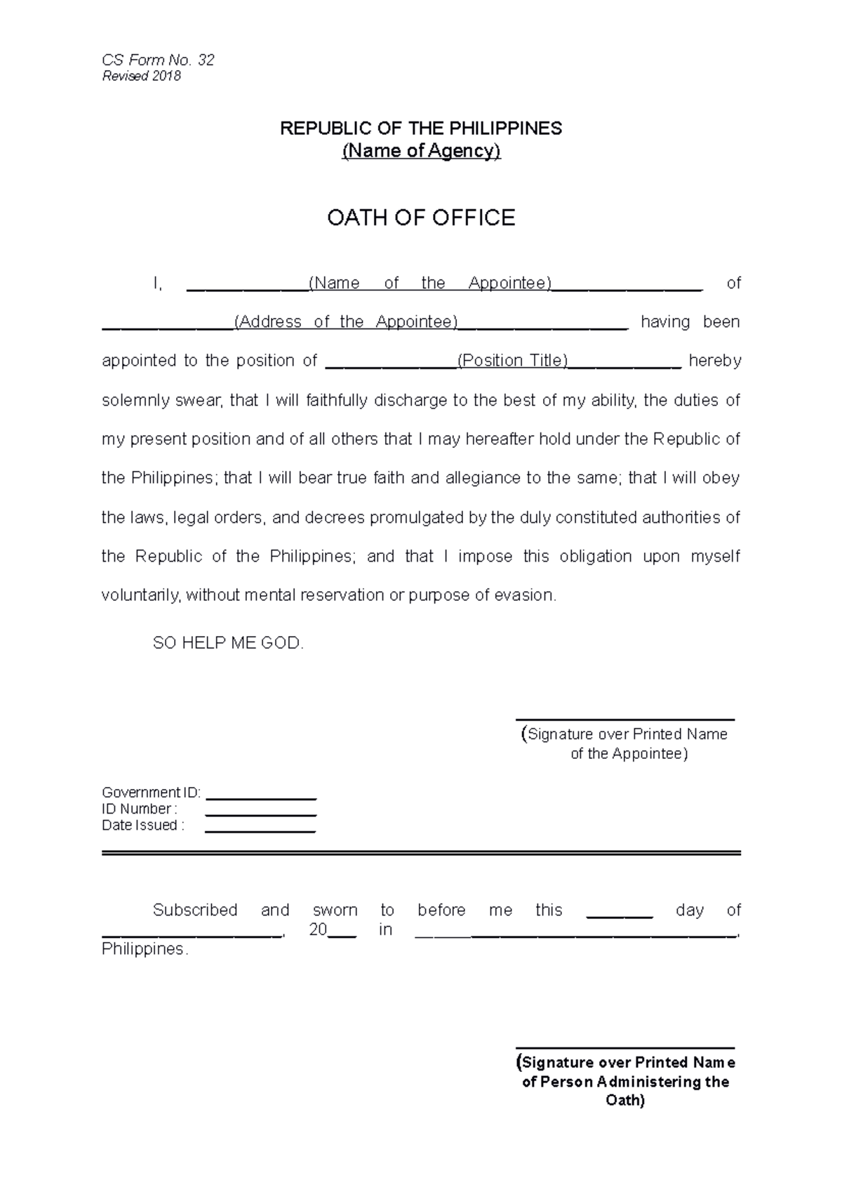 CS Form No. 32 Oath of Office - CS Form No. 32 Revised 2018 REPUBLIC OF ...