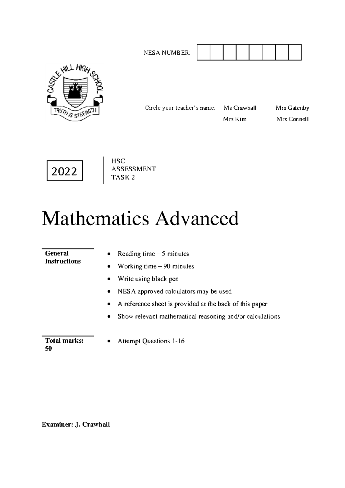 Year 12 Mathematics Task 2 2022 - NESA NUMBER: Circle your teacher’s ...