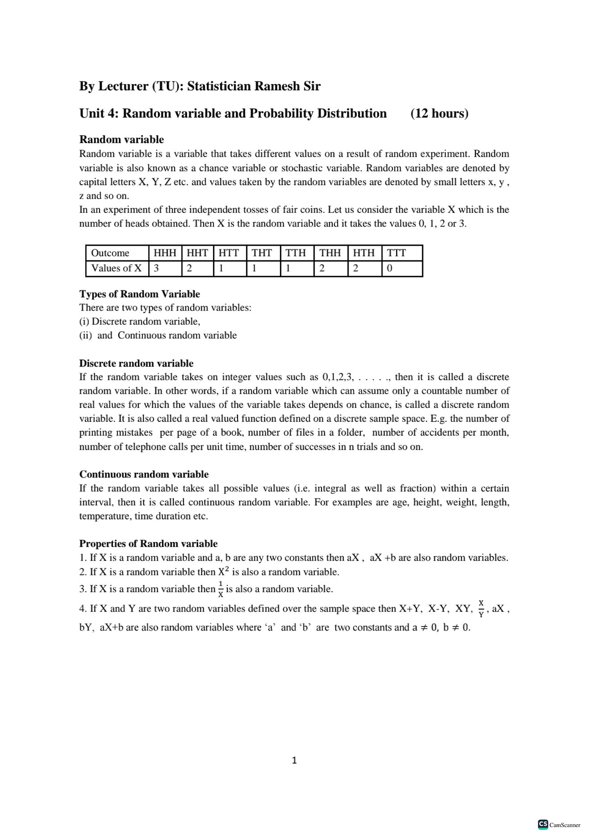 Pdf Unit 4 Random variable and Probability distribution - Random variable is also known as a ...
