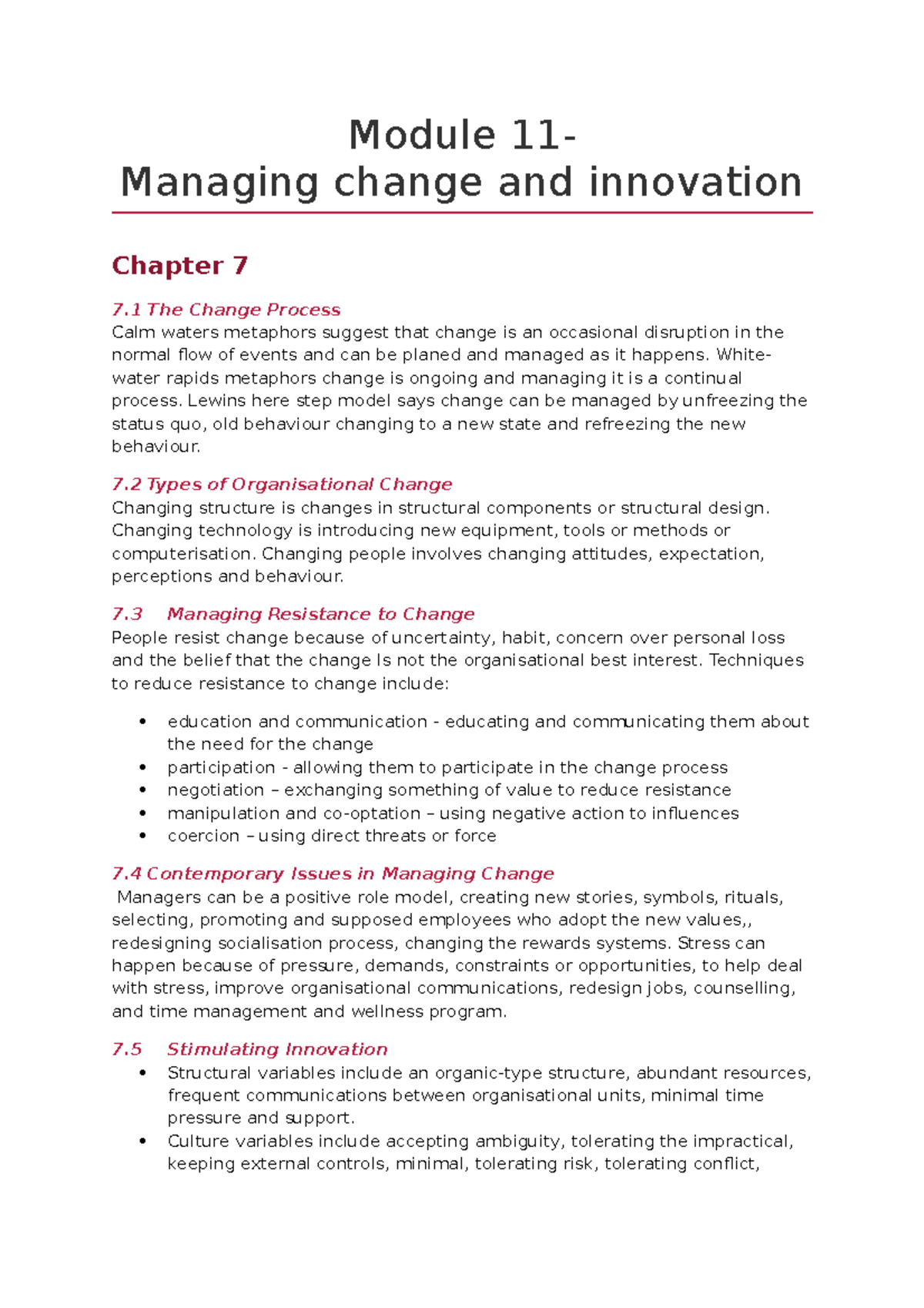 Module 11 - Lecture notes 11 - Module 11- Managing change and ...