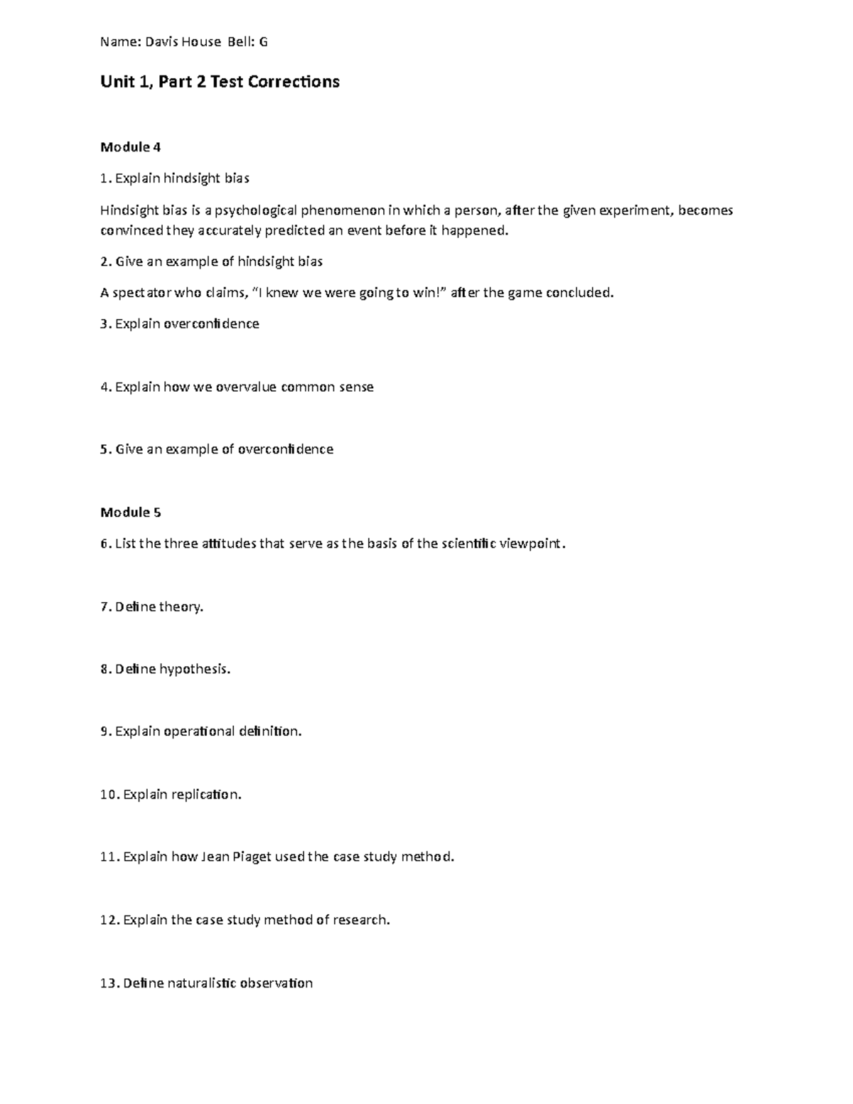 Unit 1, Part 2 Test Corrections-1 - Name: Davis House Bell: G Unit 1 ...