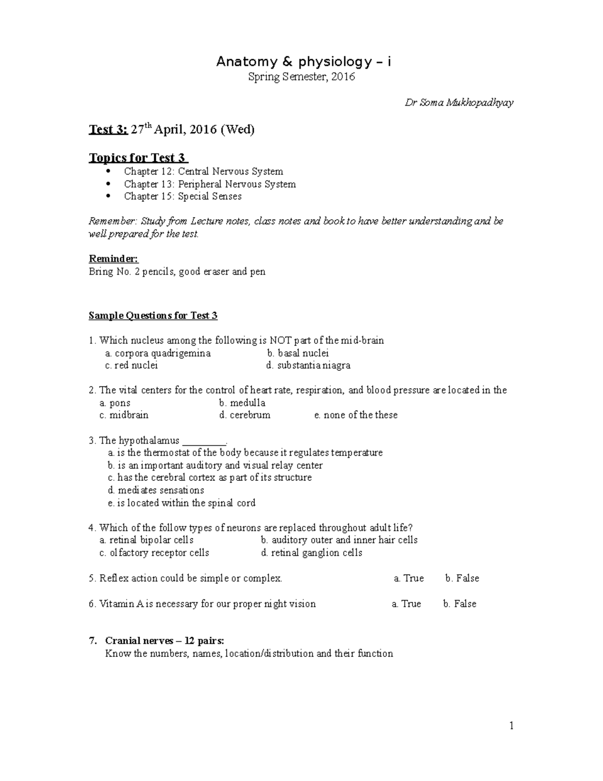 Study guide - Anatomy & physiology – i Spring Semester, 2016 Dr Soma ...
