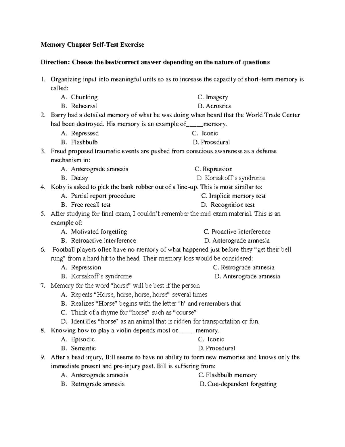 Memory Chapter Practice Test - Memory Chapter Self-Test Exercise ...