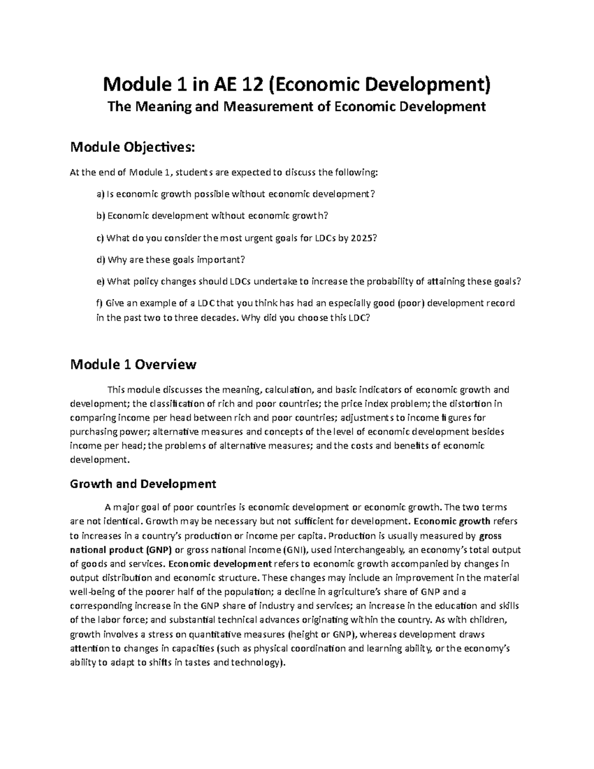 Module 1 The Meaning and Measurement of Economic Development - Module 1 ...