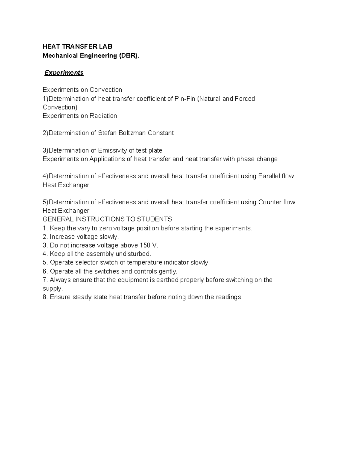 HEAT Transfers LAB Introduction OF Experiments. - HEAT TRANSFER LAB ...