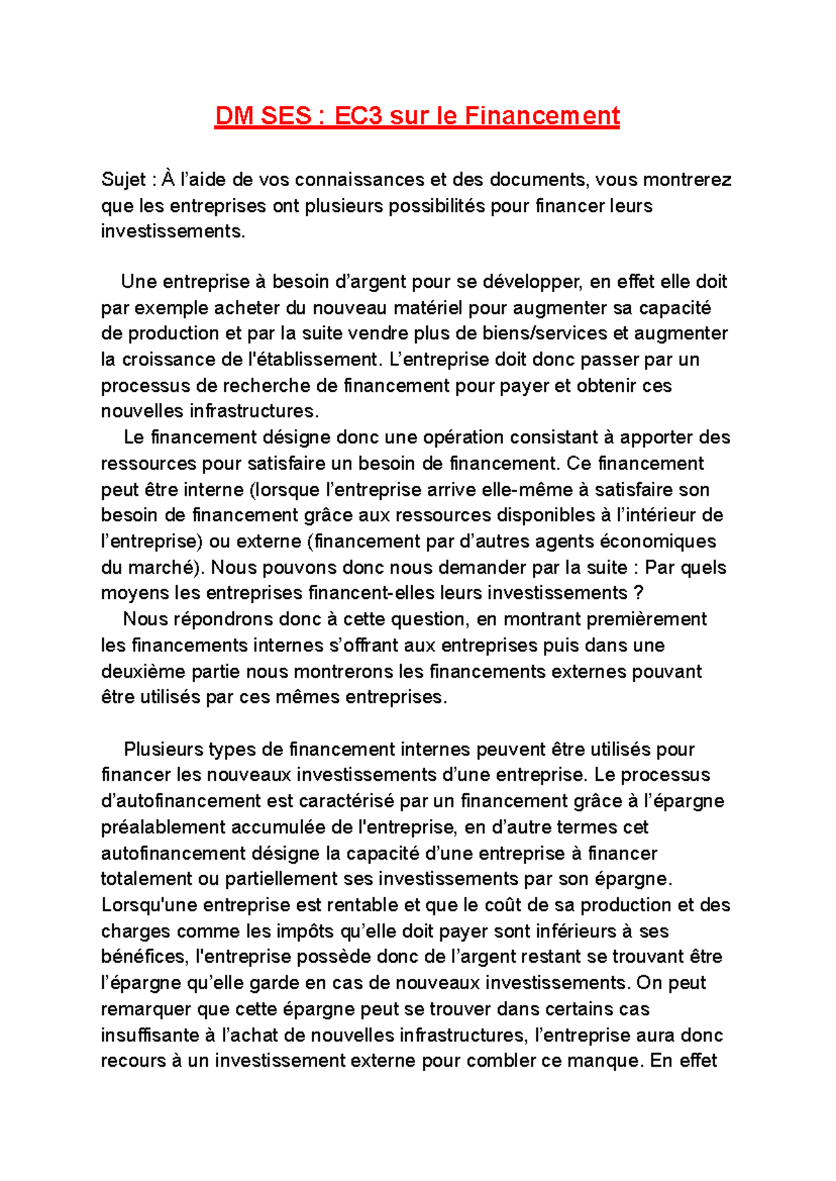 DM SES EC3 sur le Financement - DM SES : EC3 sur le Financement Sujet ...