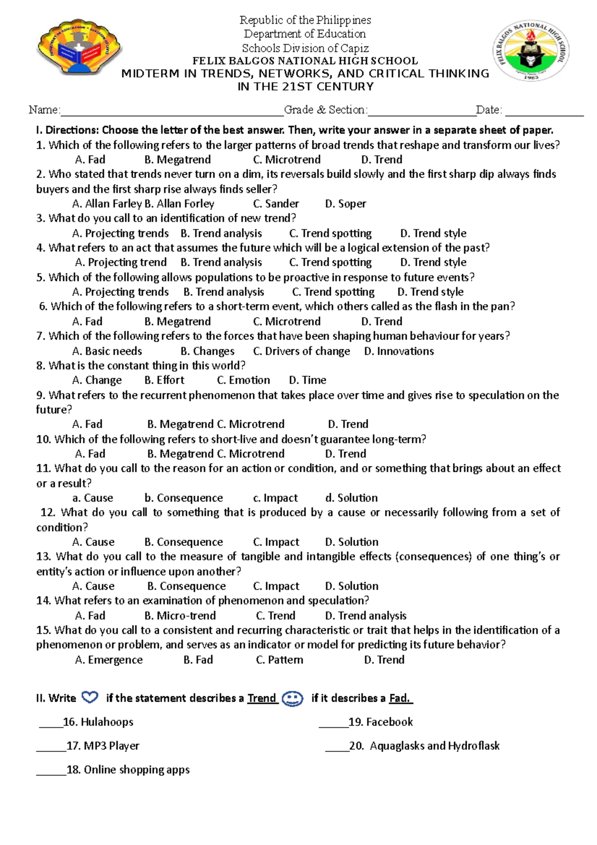 Trends-midterm - sample exam in TNCT - I. Directions: Choose the letter ...