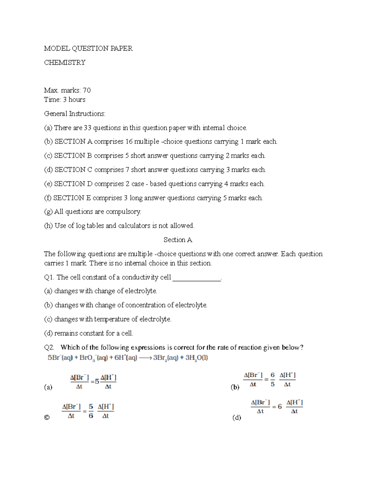 Model paper xii23-24 - MODEL QUESTION PAPER CHEMISTRY Max. marks: 70 ...