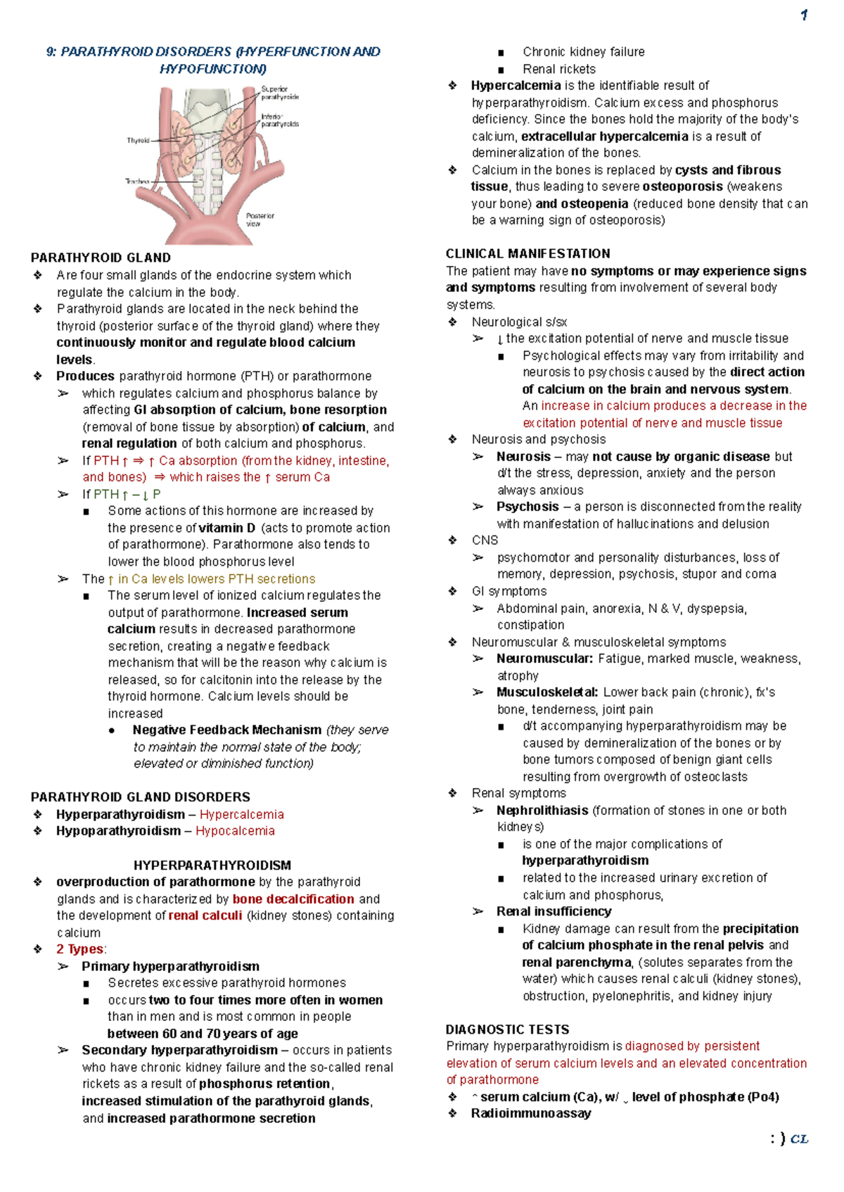 WEEK-9-MS - 9: PARATHYROID DISORDERS (HYPERFUNCTION AND HYPOFUNCTION) PARATHYROID GLAND Are four ...