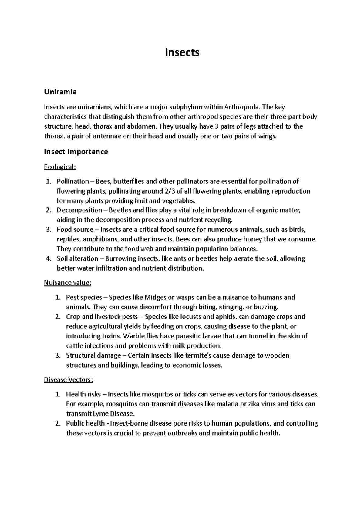 Insects - Lecture Notes - Insects Uniramia Insects are uniramians ...