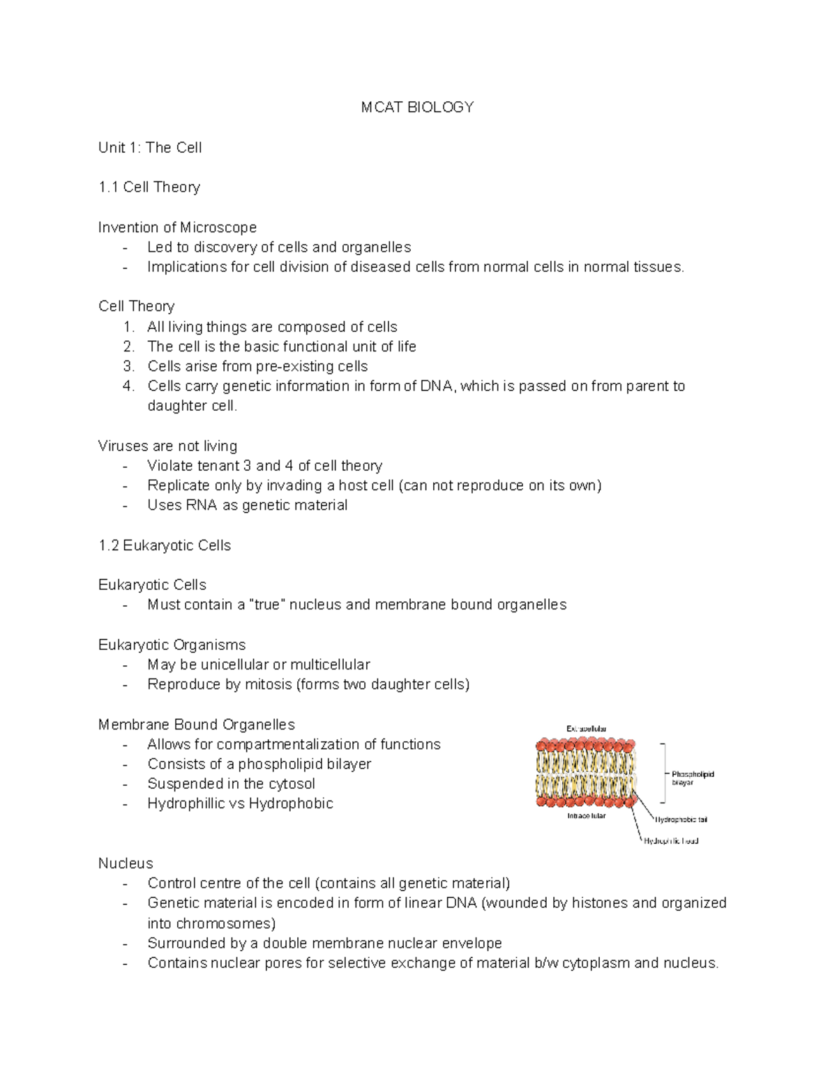 MCAT Biology - MCAT BIOLOGY Unit 1: The Cell 1 Cell Theory Invention of ...