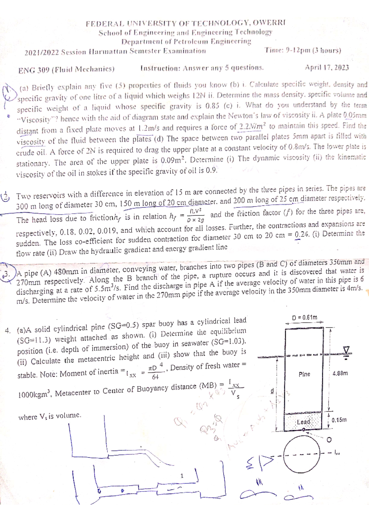 ENG 309 - Fluid Mechanics - PQ-2021-2022 - Studocu