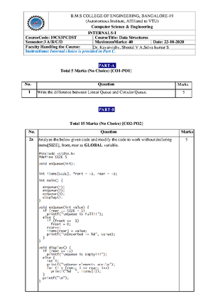 BCSL305 DSA LAB Syllabus - DATA STRUCTURES LABORATORY SEMESTER – III Course Code BCSL305 CIE ...