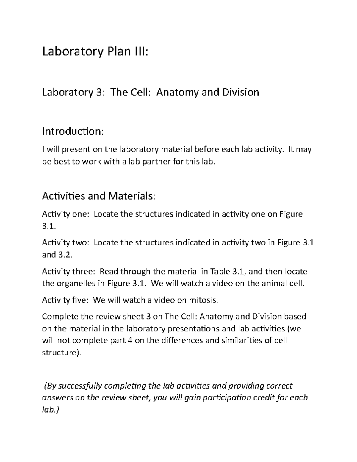 Laboratory Plan III - lab plan - Laboratory Plan III: Laboratory 3: The ...