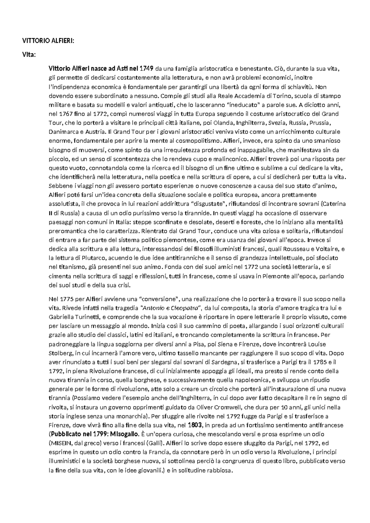 Neoclassicismo, Goethe, Foscolo e Manzoni - VITTORIO ALFIERI: Vita: Vittorio Alfieri nasce ad ...