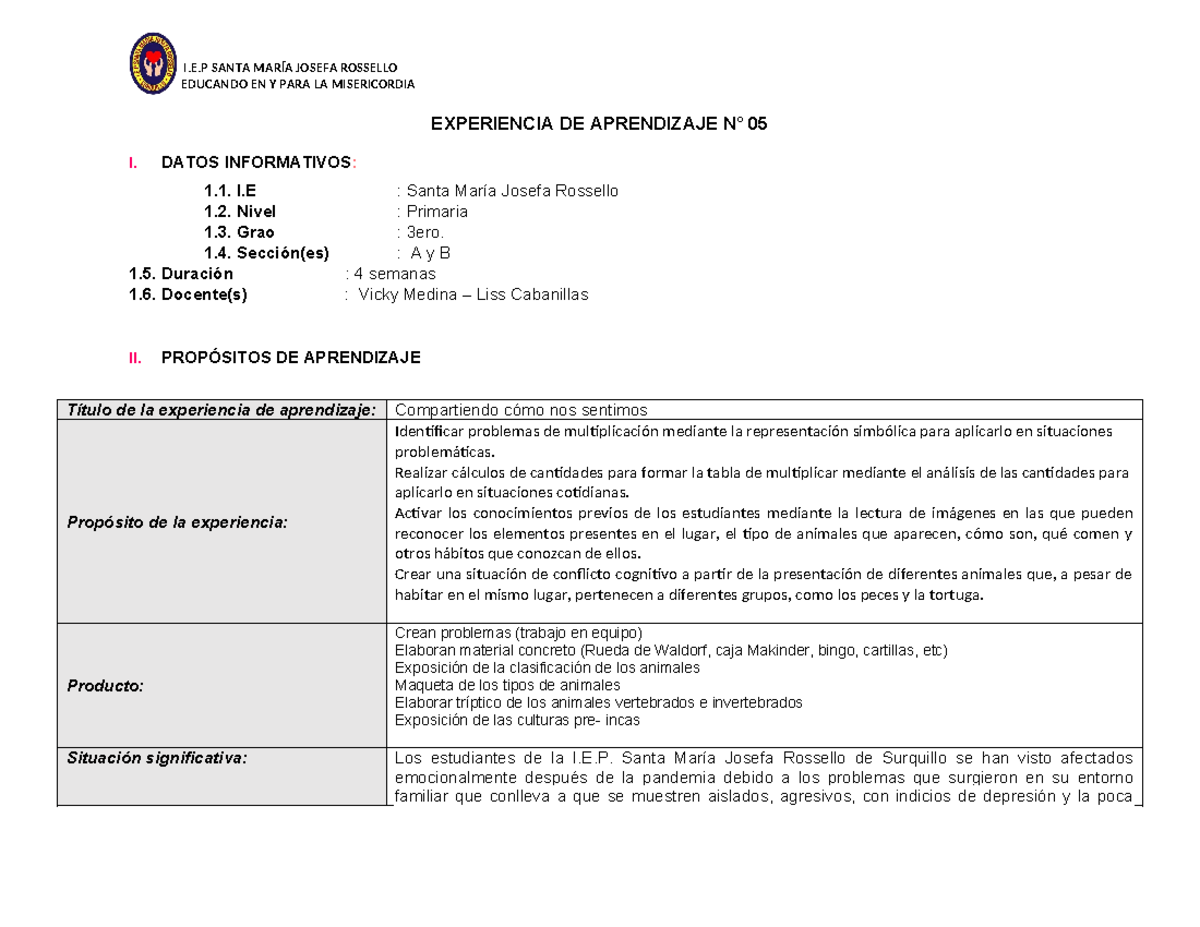 Experiencia DE Aprendizaje N°5 - EDUCANDO EN Y PARA LA MISERICORDIA EXPERIENCIA DE APRENDIZAJE N ...