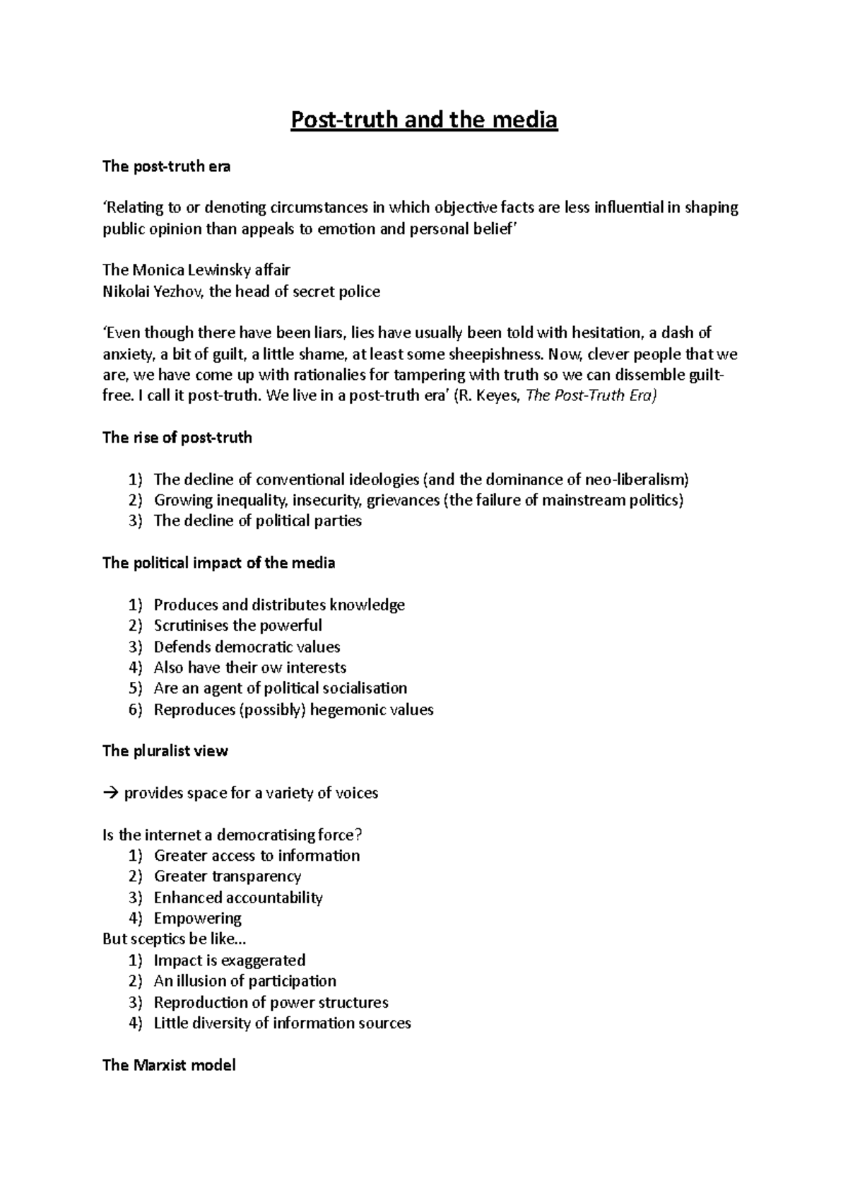 17) Post-truth era - Lecture notes 17 - Post-truth and the media The ...