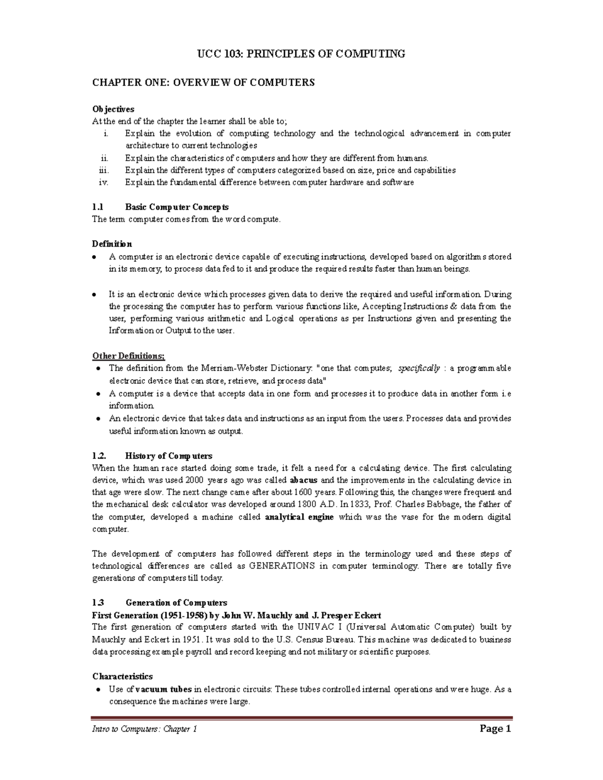 Chapter 1 - Introduction to Computers - UCC 103: PRINCIPLES OF COMPUTING CHAPTER ONE: OVERVIEW ...
