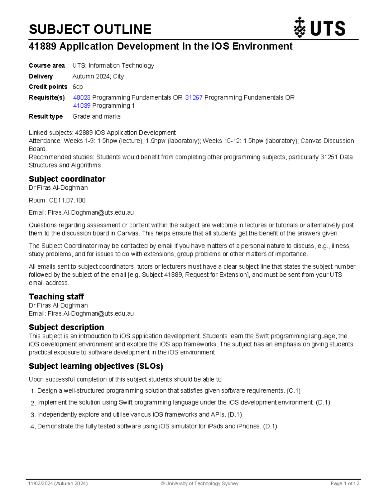 41889&42889 Aplication Development in the ios - SUBJECT OUTLINE 41889 ...