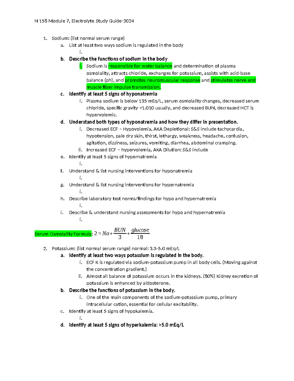 Electrolyte Study Guide 2024 - N 158 Module 7, Electrolyte Study Guide ...