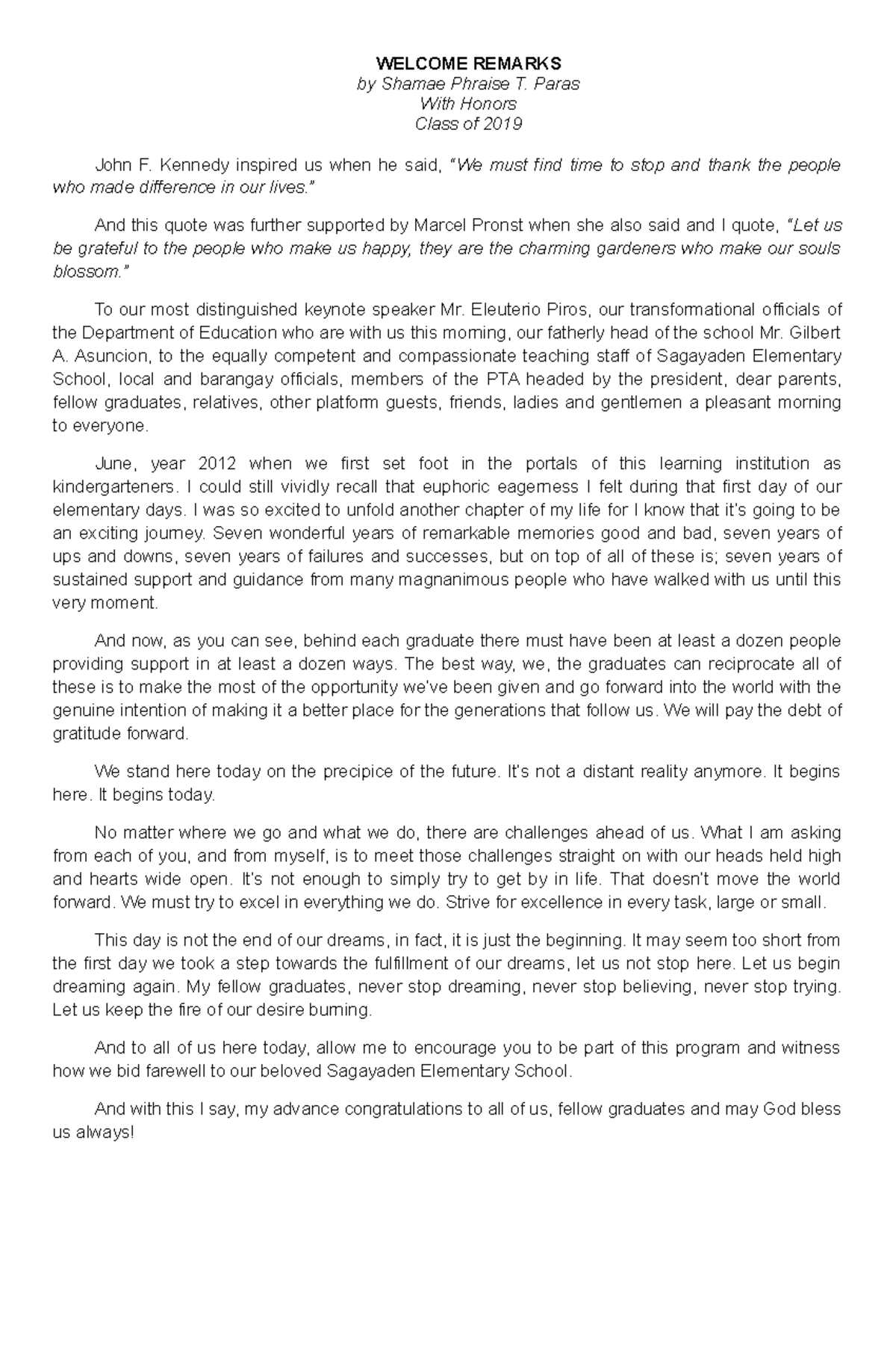 Welcome Remarks - Shamae - SY 2018-2019 - WELCOME REMARKS by Shamae ...