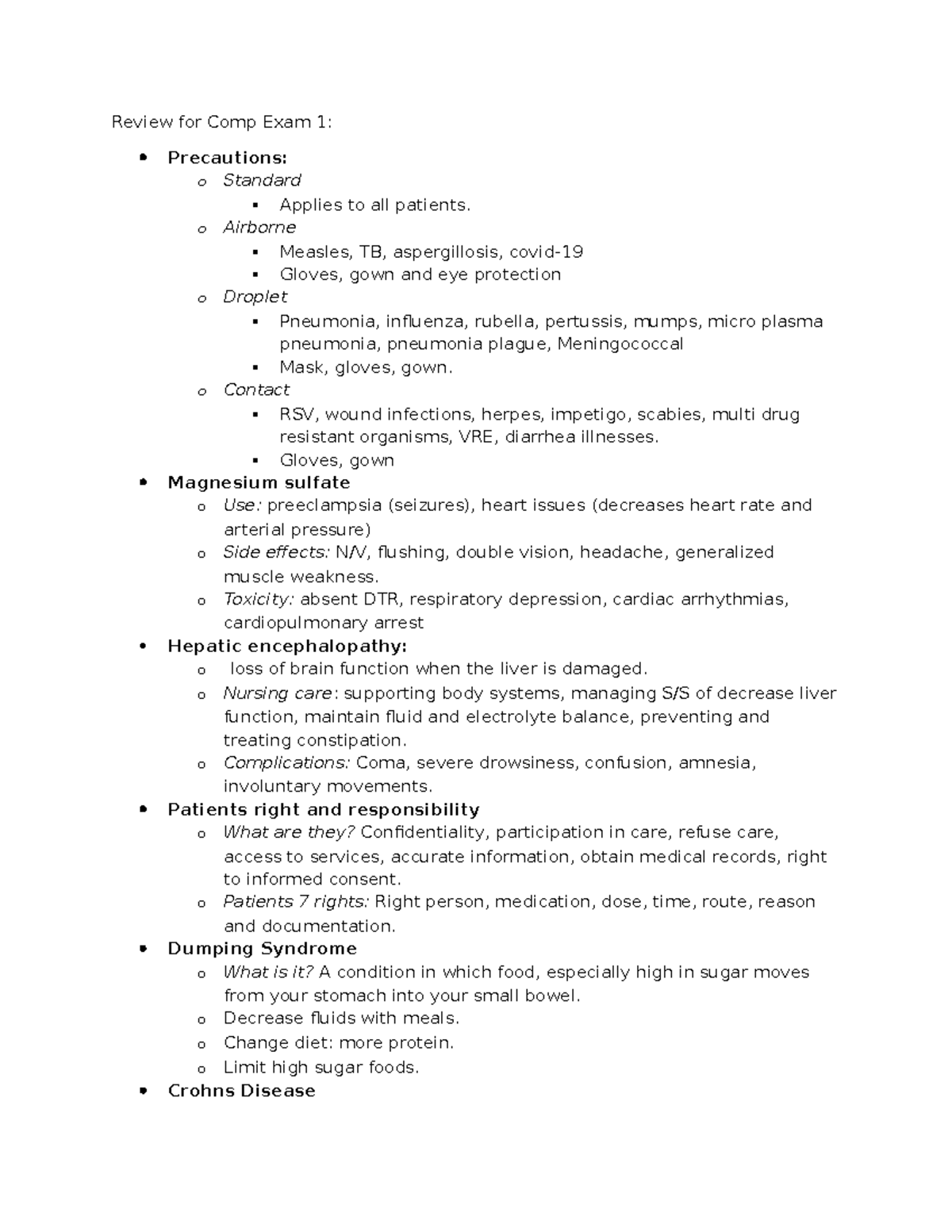 Notes Comp Exam 1 - Review for Comp Exam 1: Precautions: o Standard ...