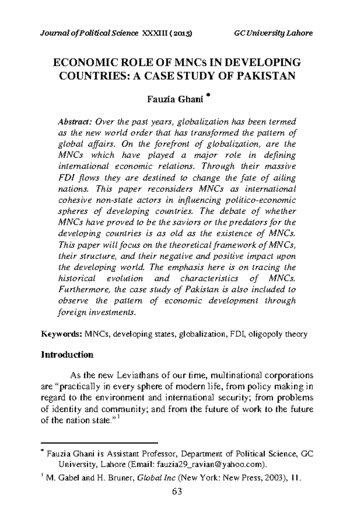 Ghani - effects of FDI - Journal of Political Science XXXIII (2015) GC ...