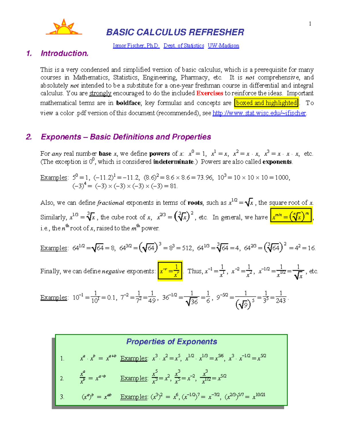 Calculus - dfgsfs - BASIC CALCULUS REFRESHER Ismor Fischer, Ph. Dept ...