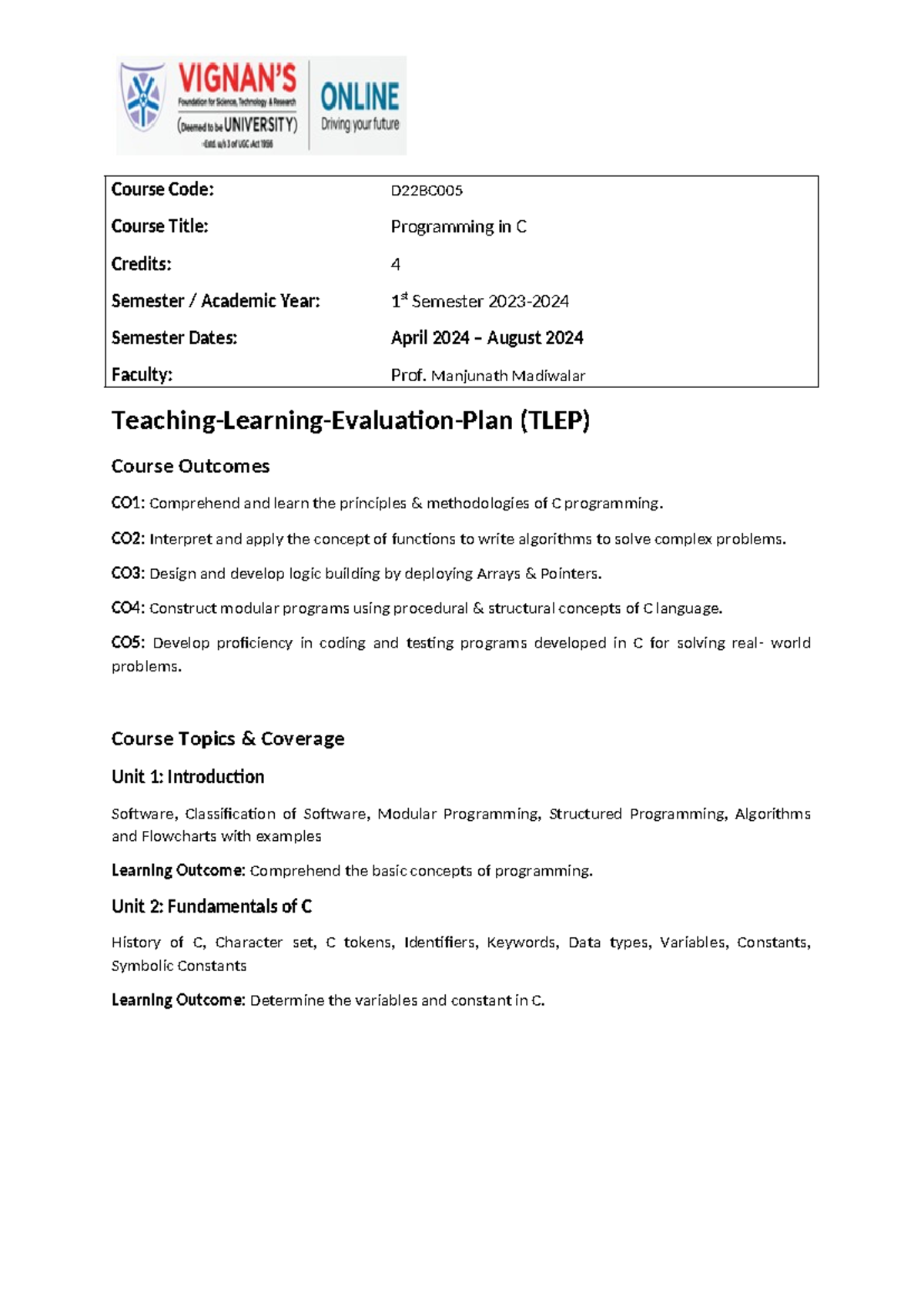 TLEP -D22BC005 - BCA 1st Sem C Programming -week1 - Course Code: D22BC ...