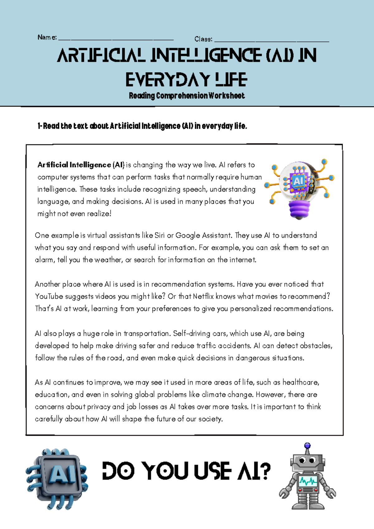 AI Reading Worksheet Form 1 - ARTIFICIAL INTELLIGENCE (AI) IN EVERYDAY ...