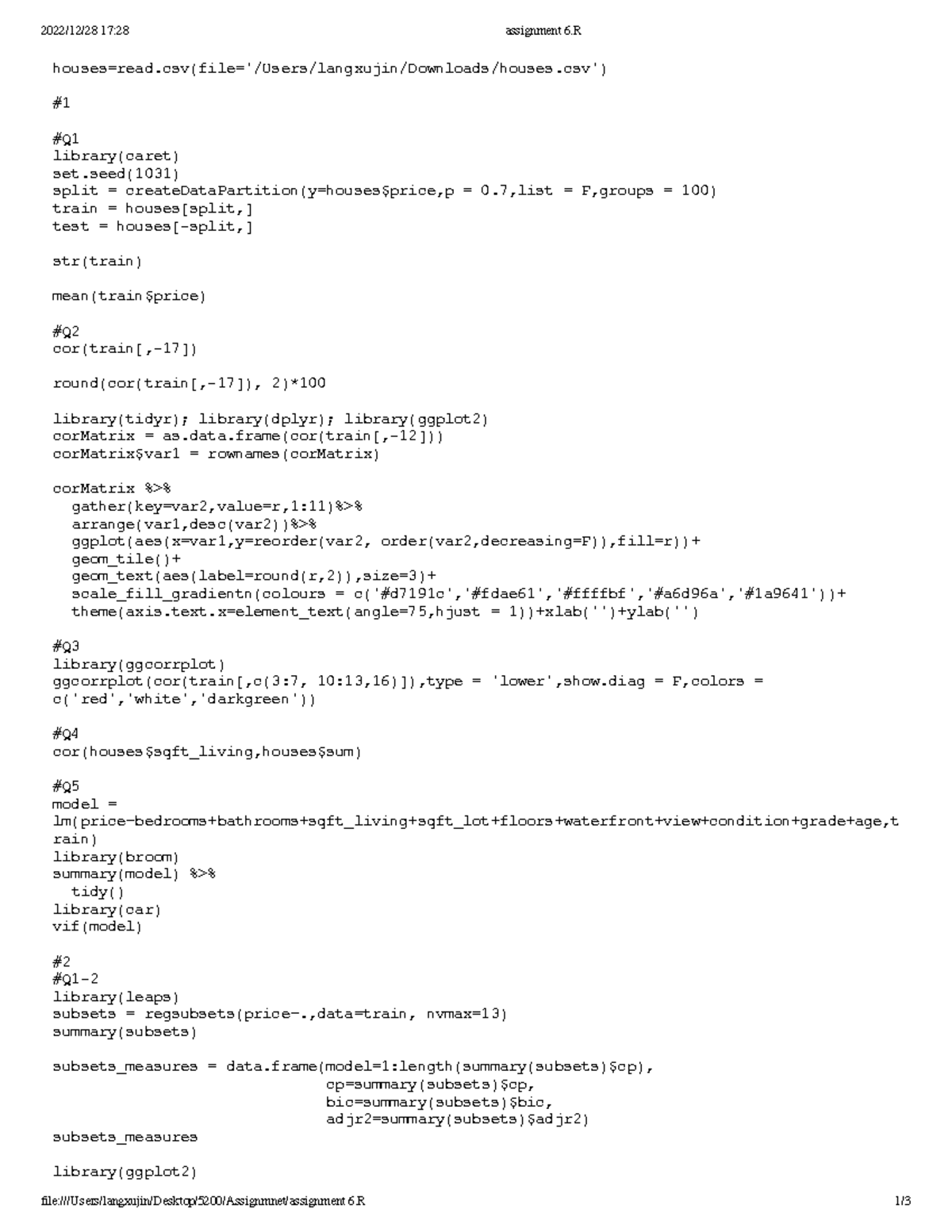 Assignment 6 - R modeling regression - 2022/12/28 17:28 assignment 6 ...