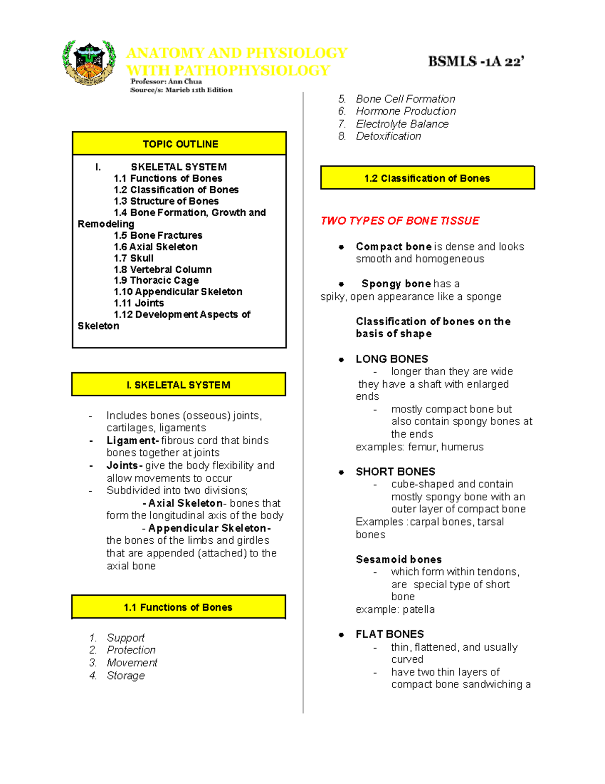 3 Skeletal System Trans - TOPIC OUTLINE I. SKELETAL SYSTEM 1 Functions ...