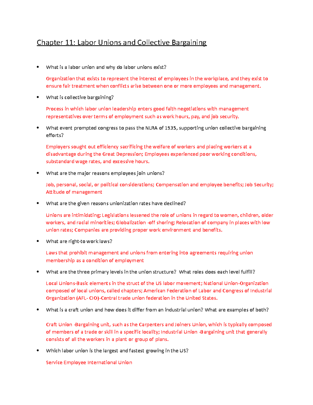 Chapter 11,12,13,14 Study Guide - Chapter 11: Labor Unions and ...