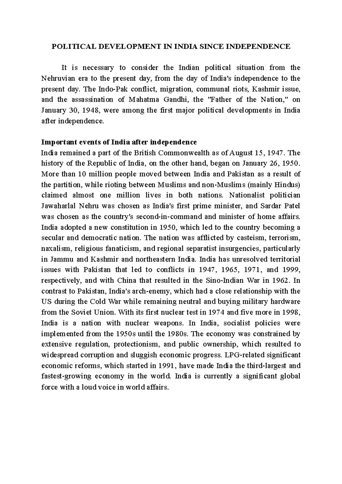 Political development in India since Independence - POLITICAL ...